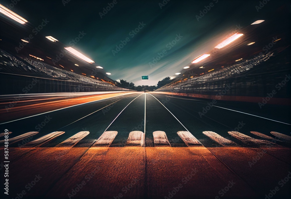 finish line on the racetrack in motion blur with stadium and spotlights ...