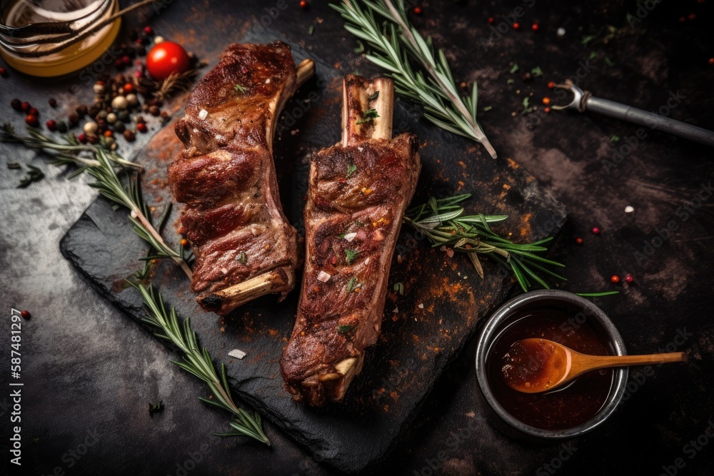 On a concrete background, fried ribs with rosemary, onion, and sauce. a ...