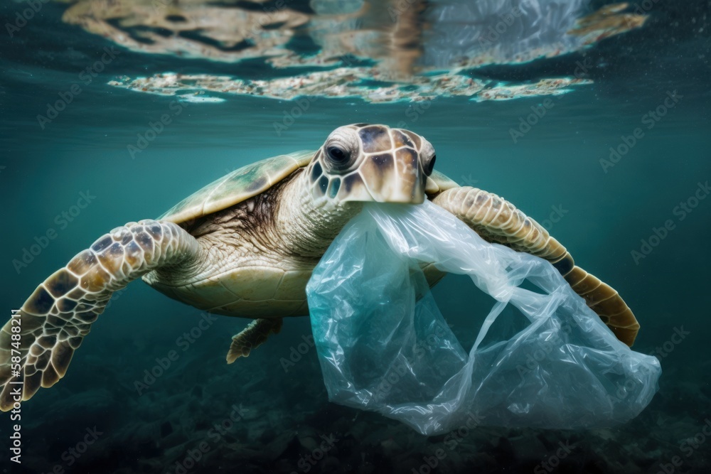 Turtle eating a plastic bag in the sea. Plastic pollution in ocean ...