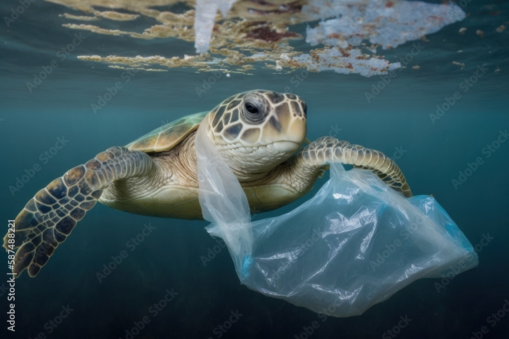 Sea turtle trapped by a plastic bag under the sea. Plastic pollution in ...