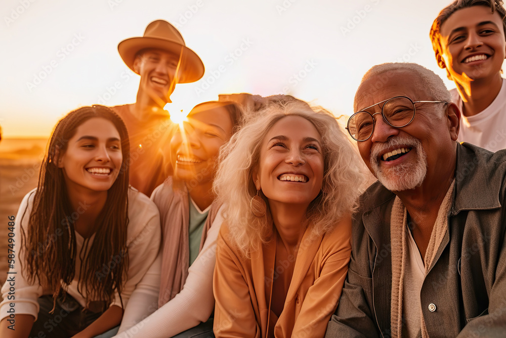 Different age and ethnicity people eating a vegan dinner. Multi-ethnic ...