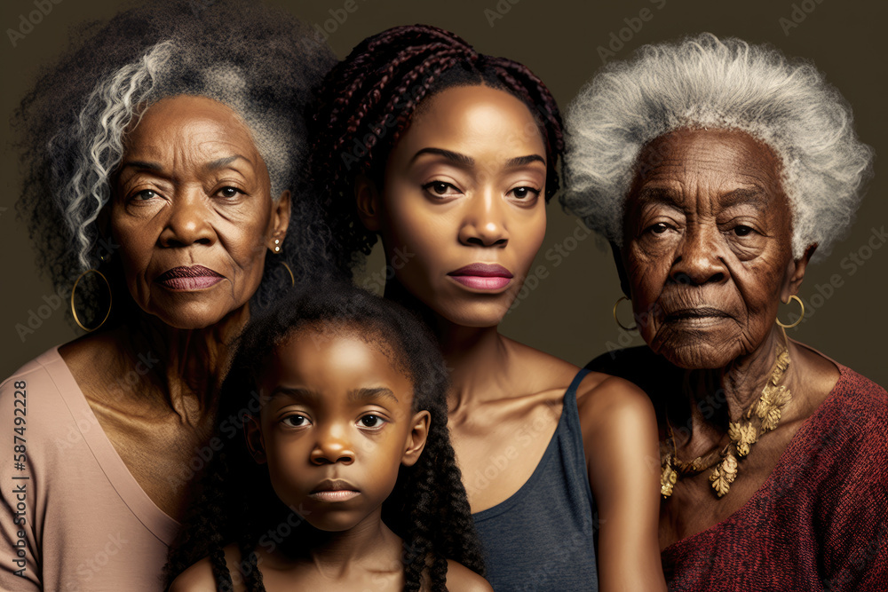 African american family, young daughter, mom, grandmother and great grandmother. Four generation ...