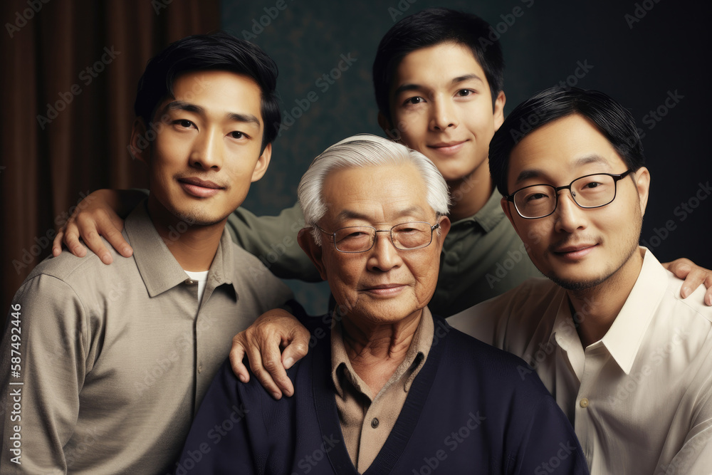 Two sons, father and grandfather. Three generations of Asian family ...