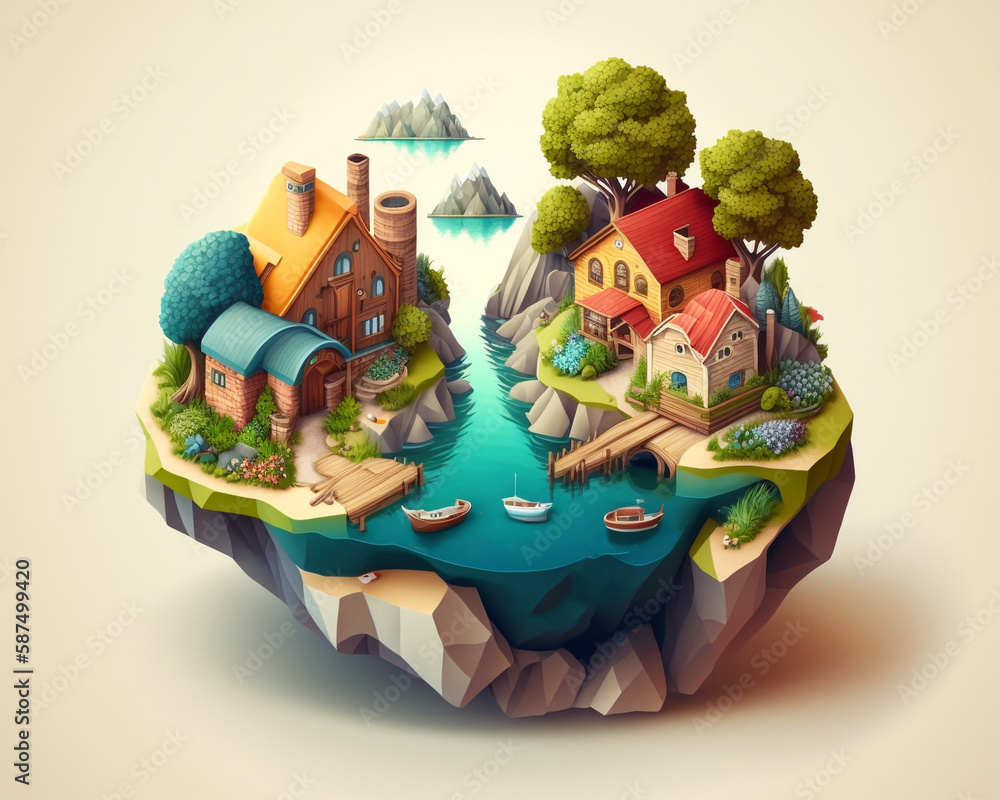 Ai Isometric diorama 3D fantasy island with cute houses in a fishing ...