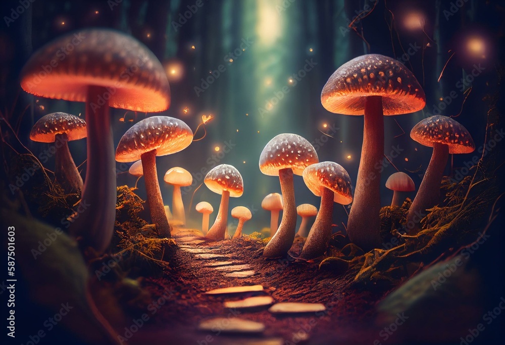 a painting of a group of mushrooms in a forest with a path leading to ...