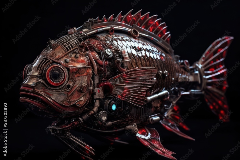 Red Fish Cyber Robotic Creature On Black Background Generative AI Stock ...