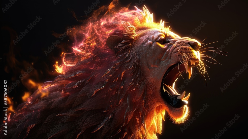 roaring mighty fantasy lion of fire. Created with generative AI. Stock ...