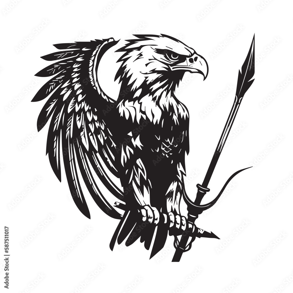 Angry face mascot eagle hawk holding spear sword weapon. black white ...