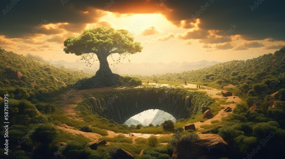 Beautiful fantasy land with a giant trees. Created with generative AI ...