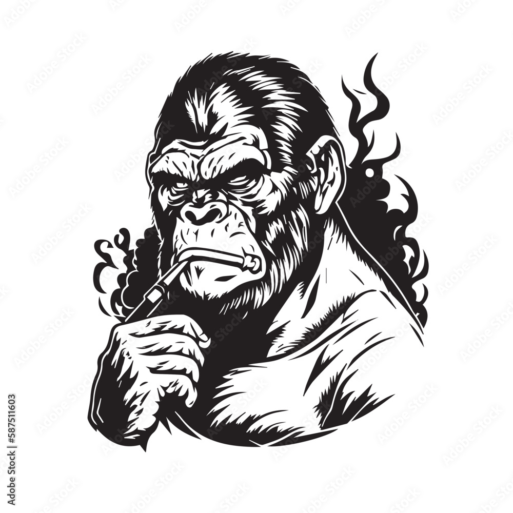 Cool smoking gorilla mascot holding cigarette. Black white line art ...