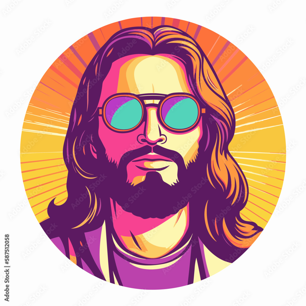 90s retro design of Jesus wearing sunglasses, radian background. Easter ...