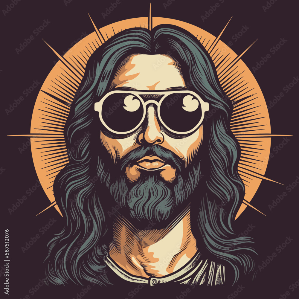Vetor de 90s retro design of Jesus wearing sunglasses. Easter concept ...