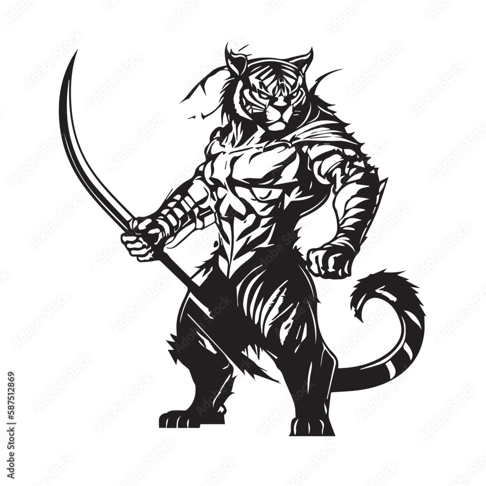 Angry face mascot tiger holding spear sword weapon. black white line ...
