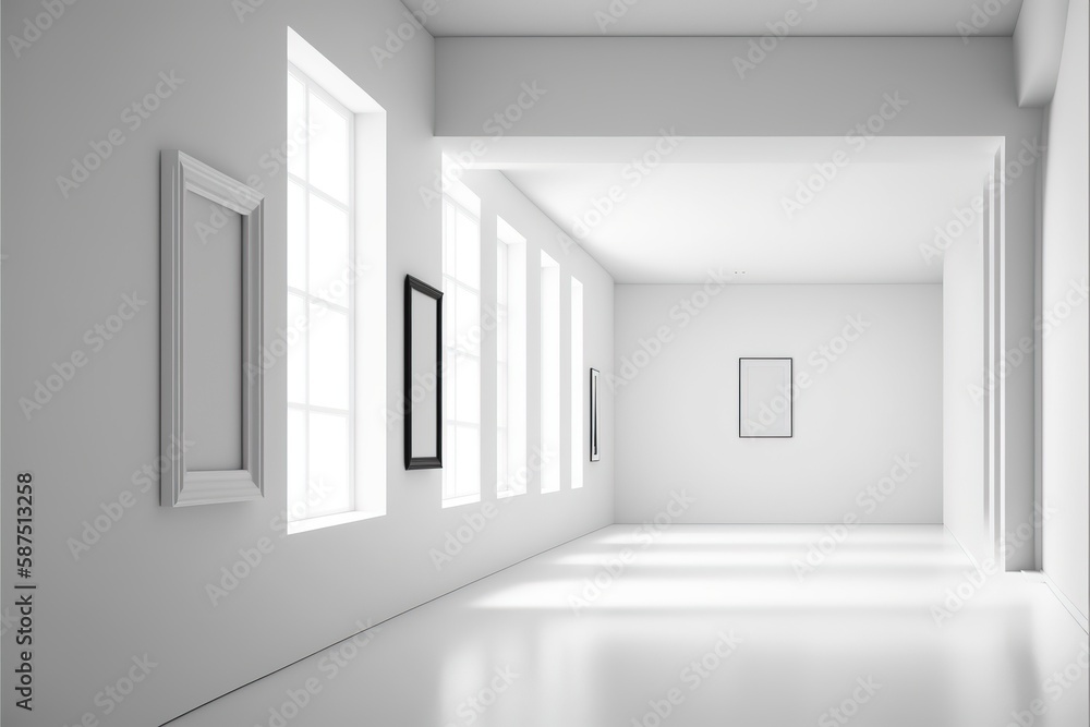 Minimalistic interior design with plain white room of museum or gallery, empty space mockup in ...