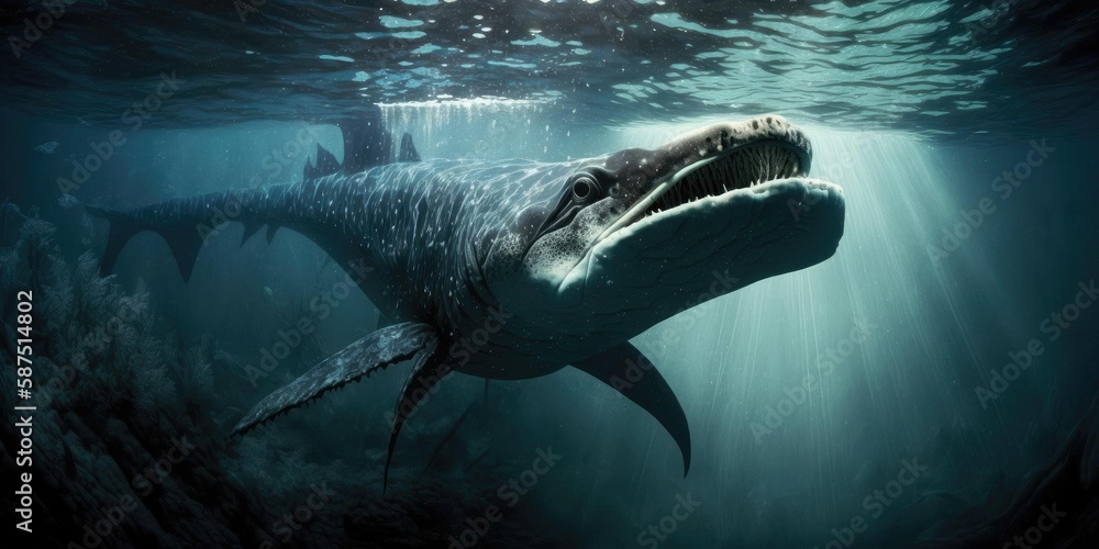 Underwater prehistoric creature or dinosaur swimming underwater ...