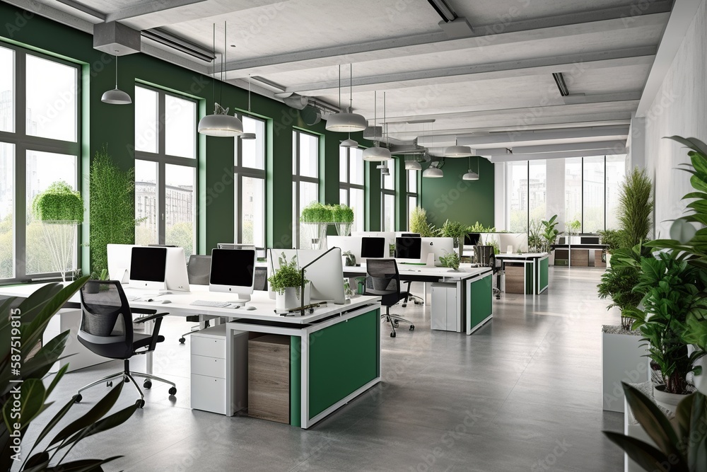 Green open plan office featuring eco-friendly design elements and a ...