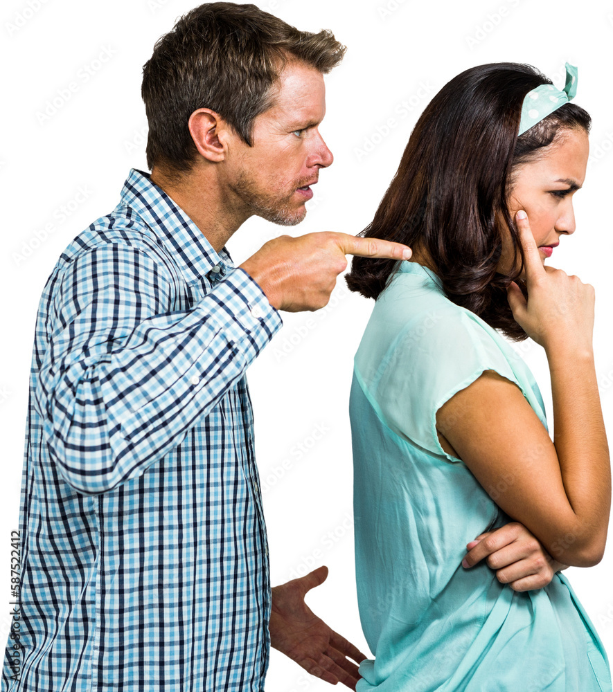Angry man pointing woman with hand on chin Stock Photo | Adobe Stock