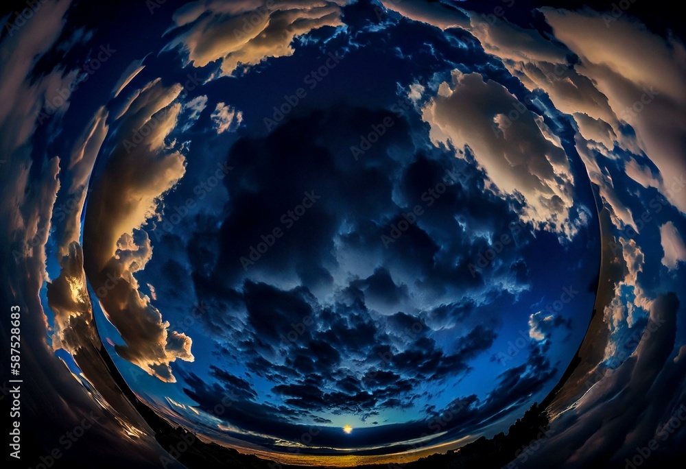 Dark blue twilight sky panorama with Cumulus clouds. Seamless hdr 360 ...