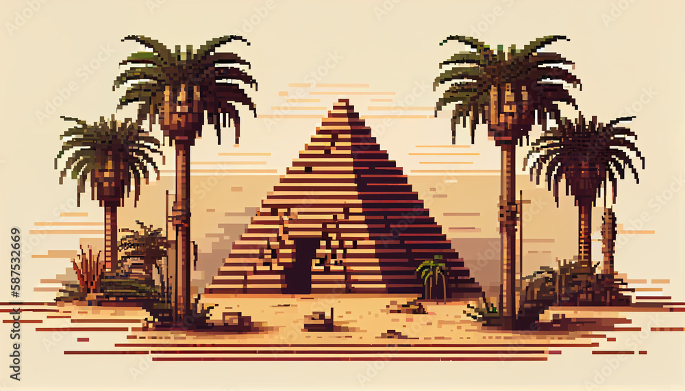 Ancient pyramid surrounded by sand and palm trees, pixel art ...