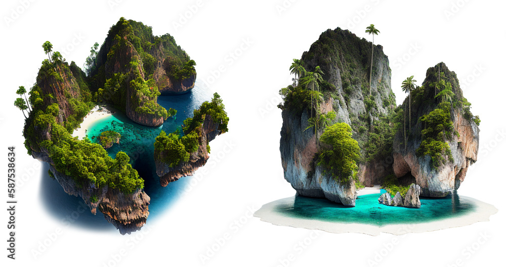 Set of beautiful island mountain with trees Travel summer holiday ...