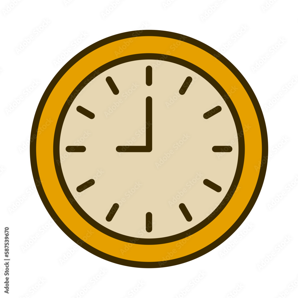round shape wall clock with filled outline style. showing nine o' clock ...