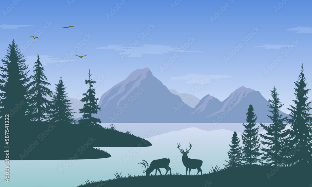 Mountain nature view vector illustration. Flat panorama view of ...