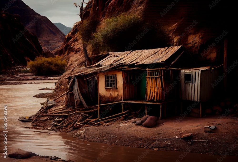 Fragile houses in Chanchamayo river in Peru. Social issues, danger of ...
