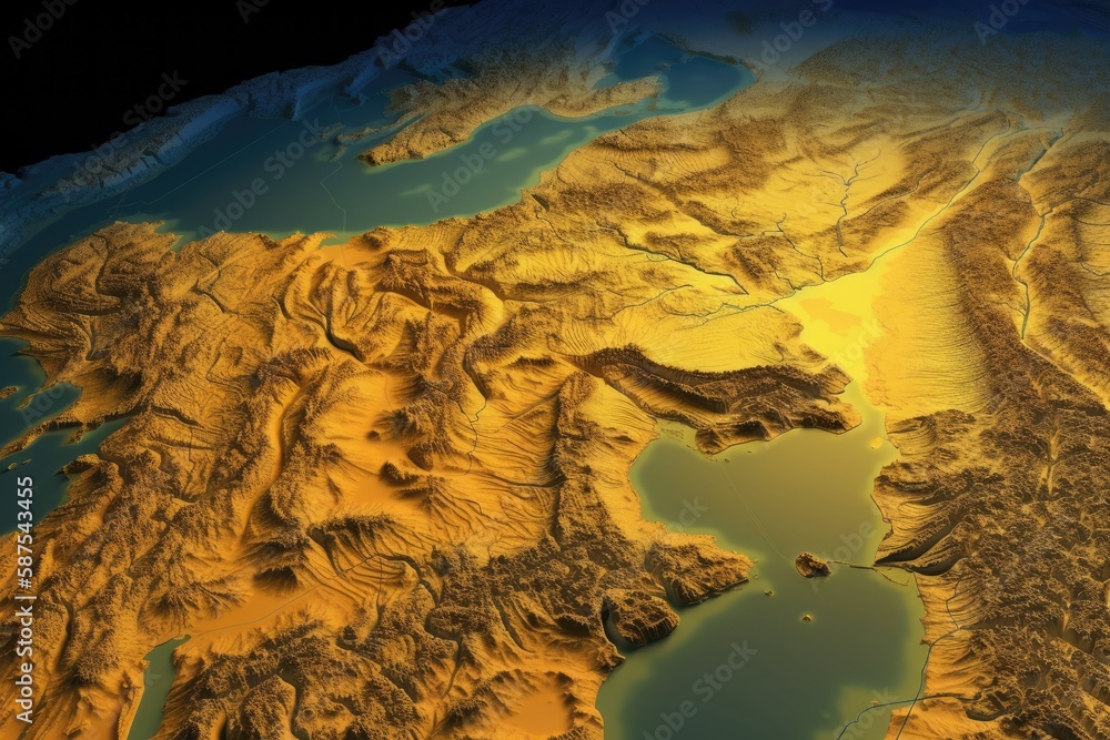 digitally created map depicting a serene lake nestled within a scenic ...