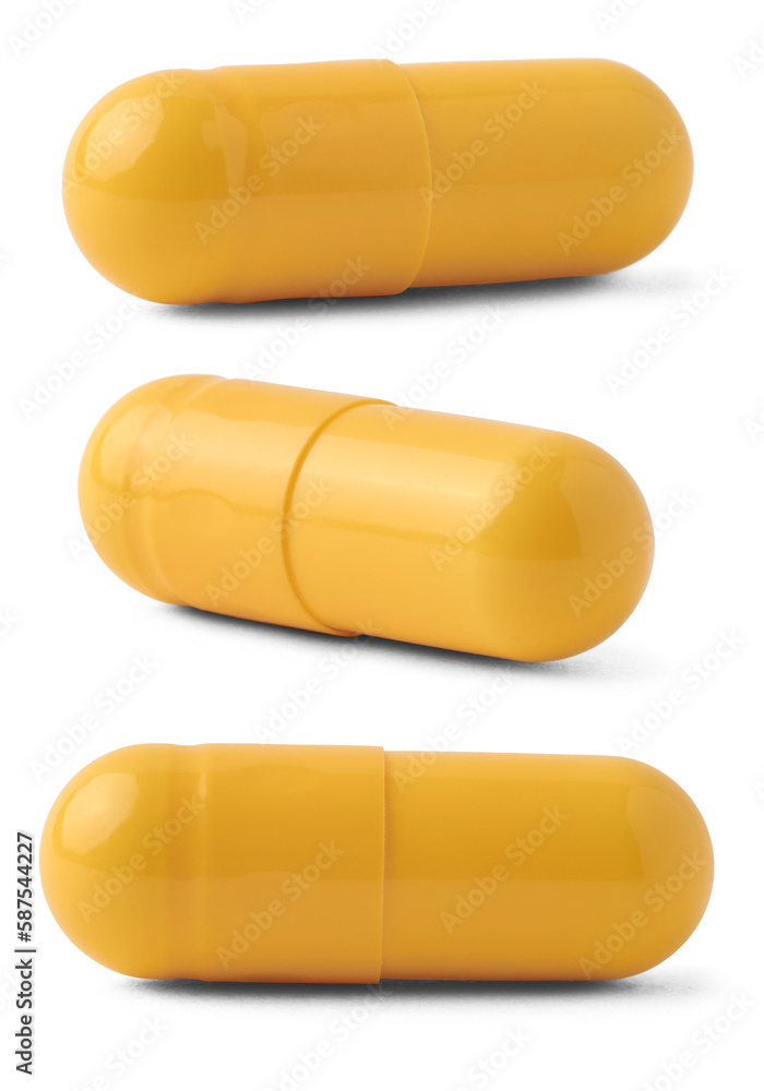 yellow gelatin capsules pills, oral medical drug filled with powder or ...
