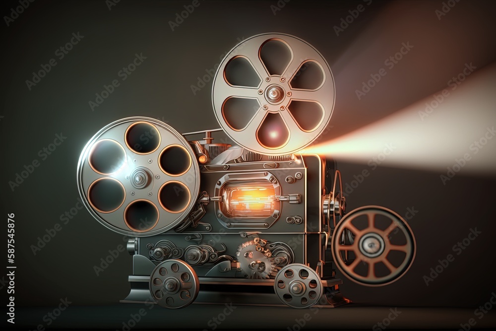 Movie projector with light beam and film reels on dark background generative ai Stock ...
