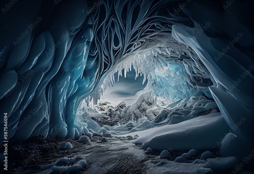 Snow ceiling with ice shining ice cave at north pole. Generative AI ...