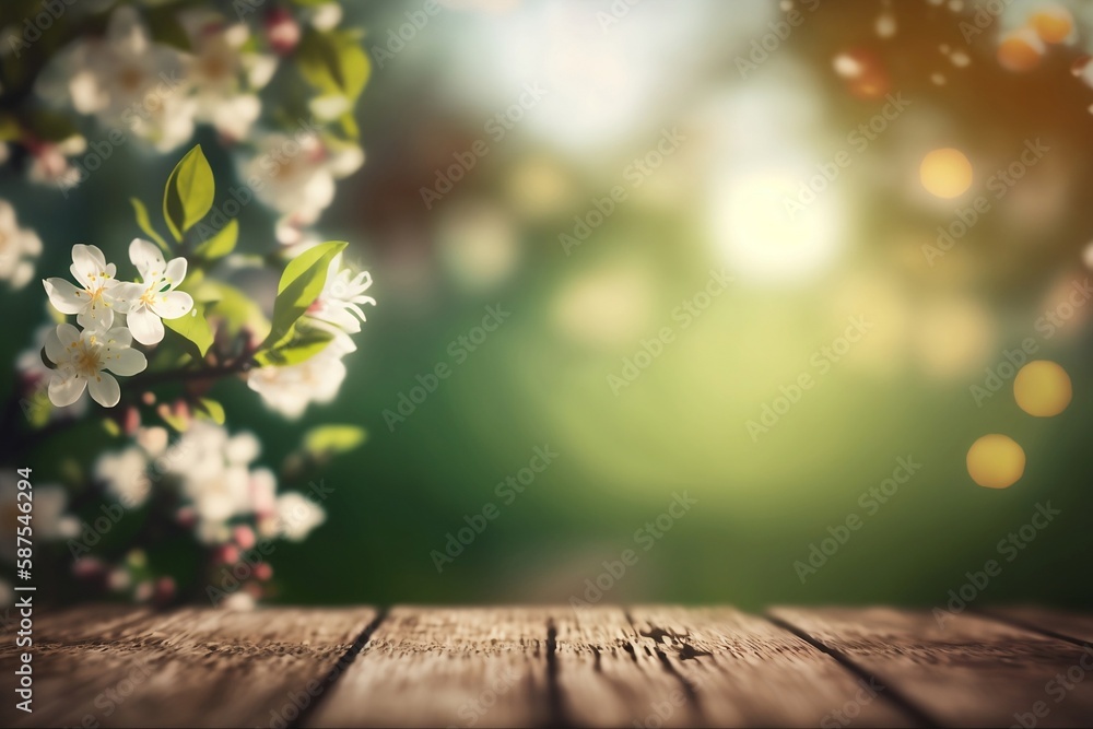 product display Spring flowers on wooden table in green garden ...