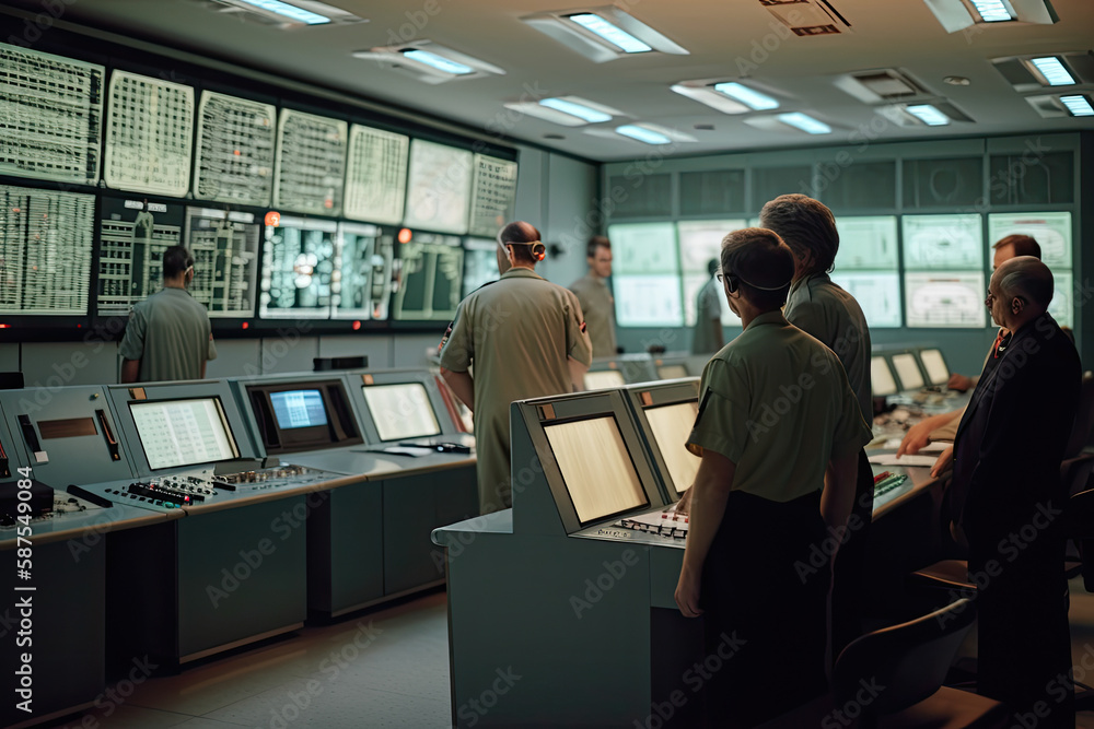 people working on computers in a large room with many monitors and ...