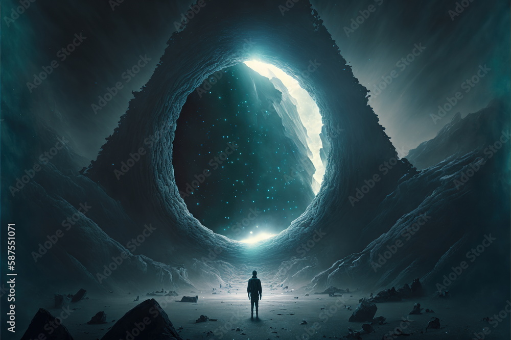 Spaceman travel through the space with mysterious sci-fi fantasy portal ...