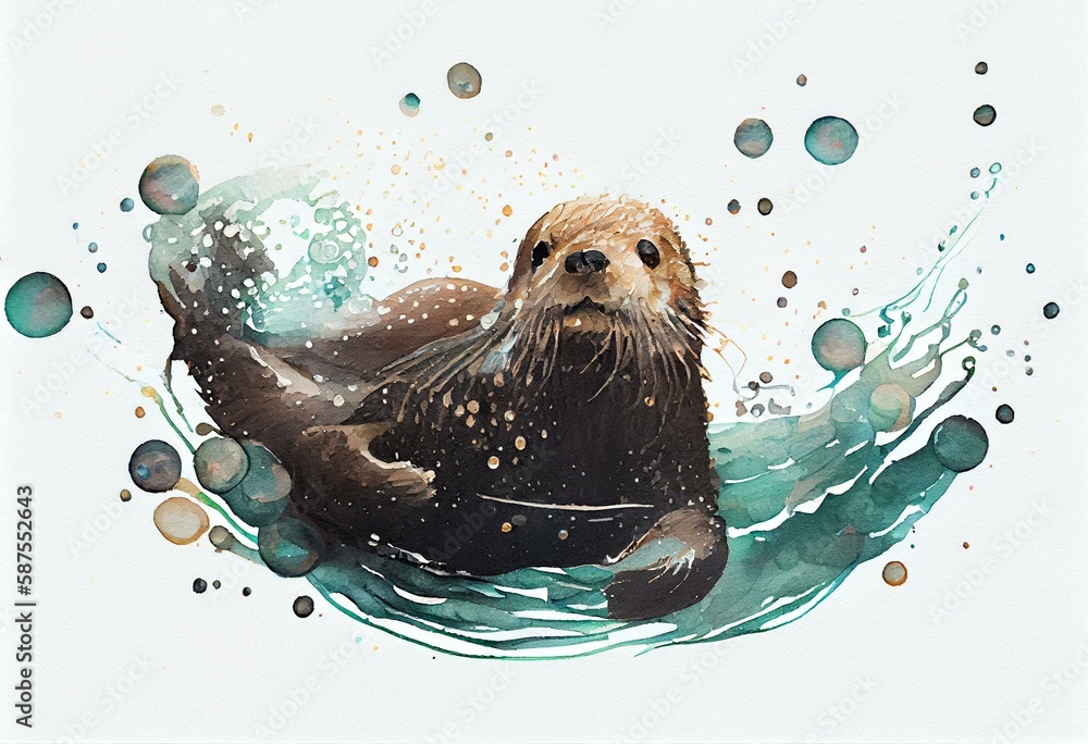 a watercolor painting of a sea otter swimming in the ocean with bubbles ...