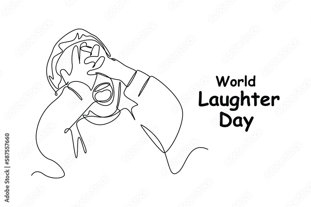 Continuous one-line drawing boy laughing loudly covering his eyes with ...