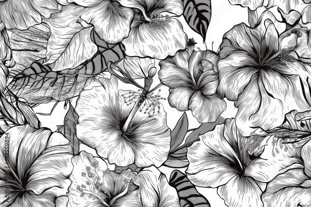 black and white blooming flowers in a simple drawing style. Generative ...