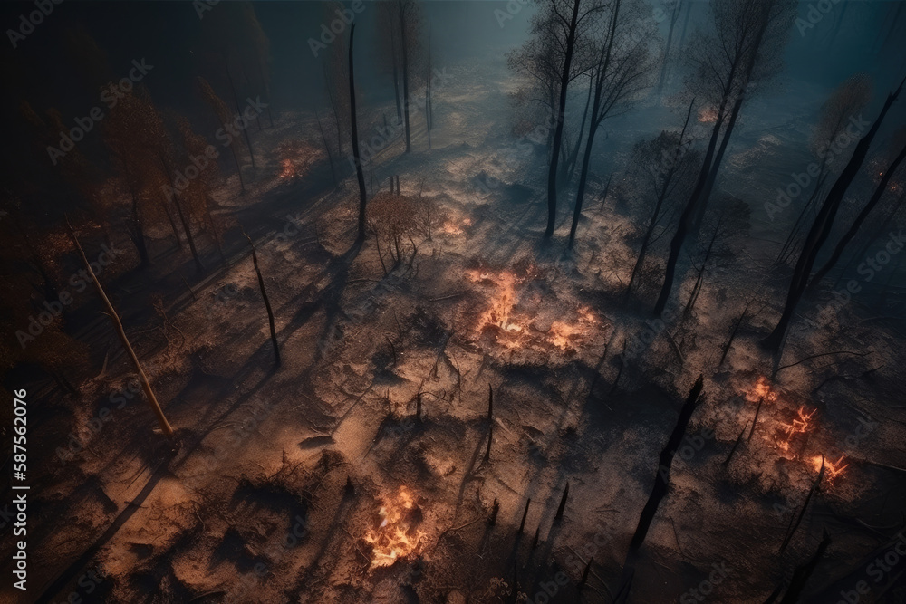 Forest fire disaster, trees burning at night, wildfire nature ...