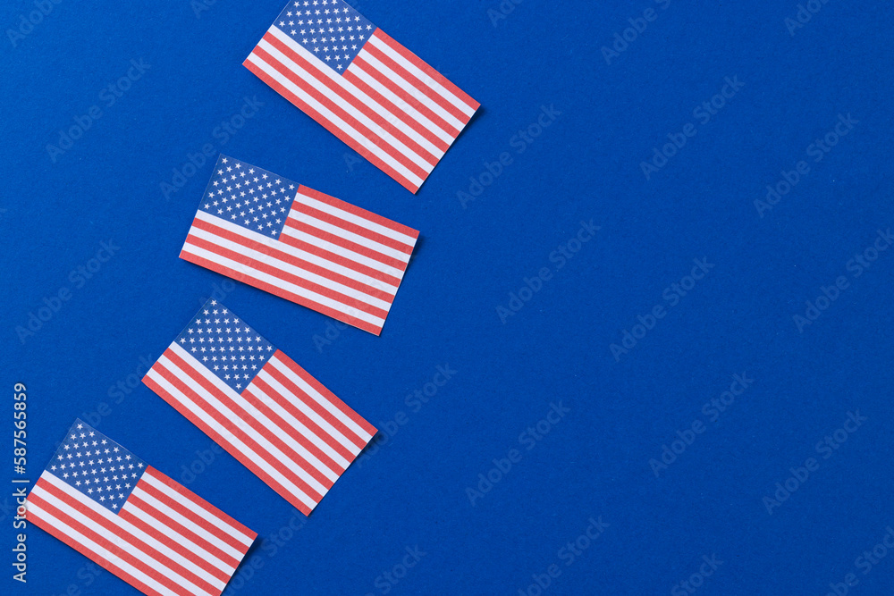 High angle view of four flags of united states of america with copy ...