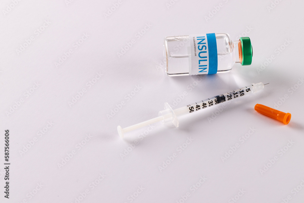 Insulin vial and uncapped syringe on white background with copy space ...