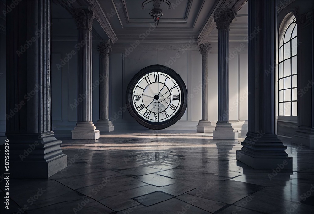 a large room with a clock and a large window in it's center area with ...