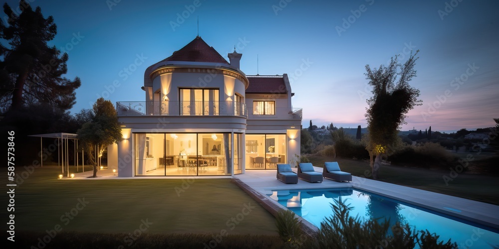 Luxury stone French mansion with veranda pool and garden, generative ai ...