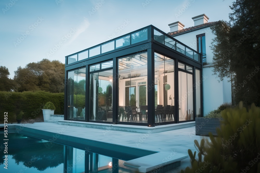 Luxury stone French mansion with veranda pool and garden, generative ai ...