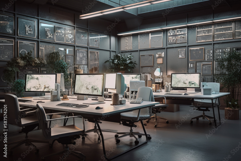 an office with multiple computer screens on the wall and two desks in ...