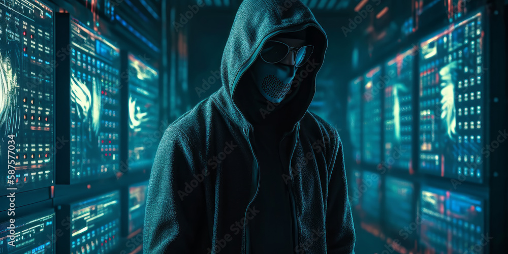 Dark hacker with hood and mask strikes inside of data center ...