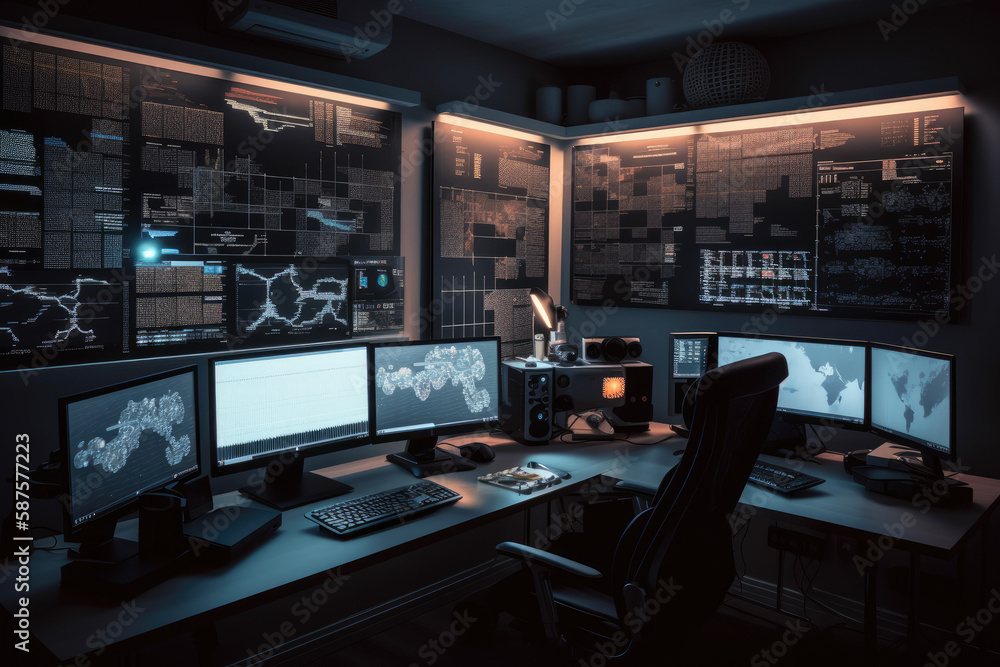 a room with multiple computer screens on the wall, and two monitors are ...