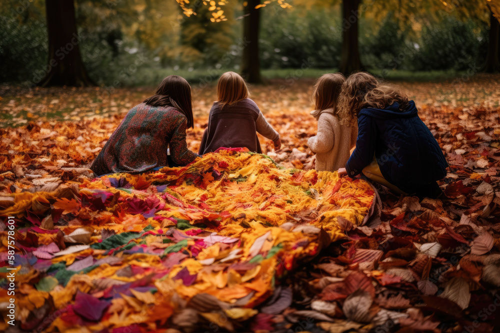 two girls sitting on the ground covered in autumn leaves and looking at ...