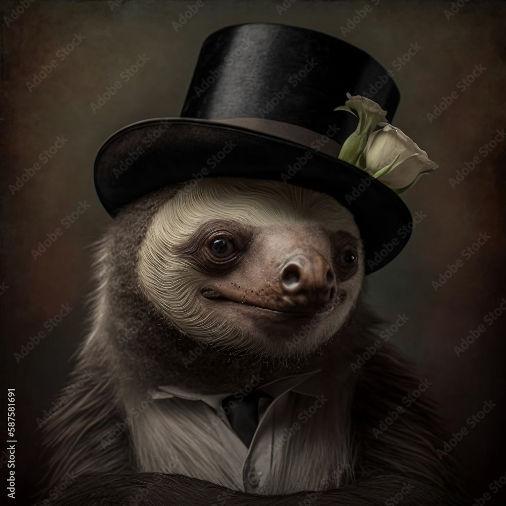 Sloth wearing a top hat, whimsical, fantasy animal. Close up image of a ...