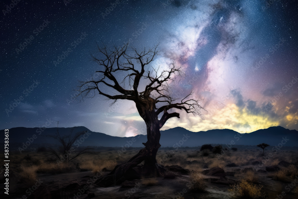 a dead tree in the middle of an open desert area under a starry night ...