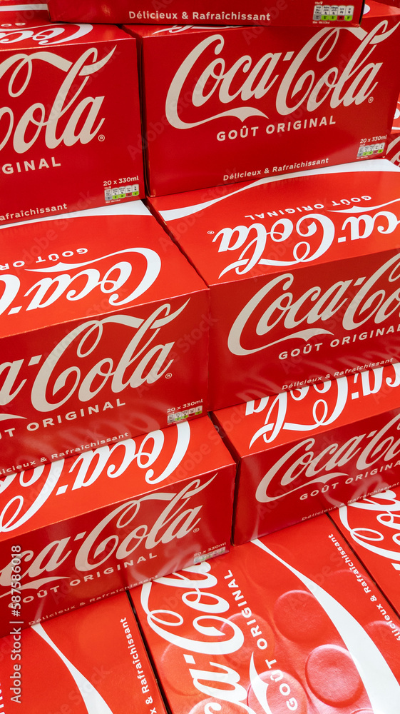 Coca Cola sign brand and text logo in line market can and bottle on ...